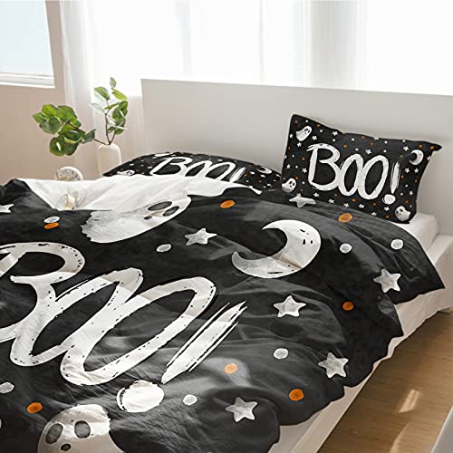 Halloween Twin Duvet Covers Ghost Boo Texts with Stars Moon Wave Point 3-Piece Bedding Sets Luxury Soft Microfiber Bed Comforter Protector with Pillow Cases for Women Men Girl Boy Black