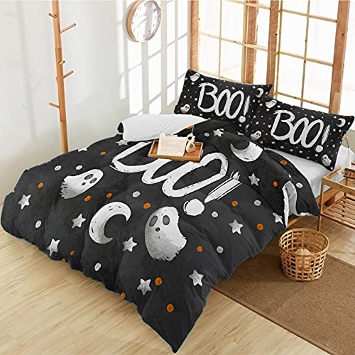 Halloween Twin Duvet Covers Ghost Boo Texts with Stars Moon Wave Point 3-Piece Bedding Sets Luxury Soft Microfiber Bed Comforter Protector with Pillow Cases for Women Men Girl Boy Black