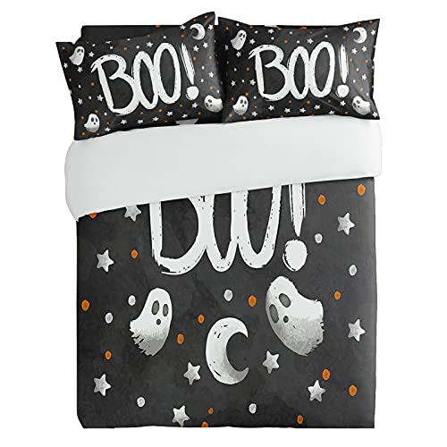 Halloween Twin Duvet Covers Ghost Boo Texts with Stars Moon Wave Point 3-Piece Bedding Sets Luxury Soft Microfiber Bed Comforter Protector with Pillow Cases for Women Men Girl Boy Black