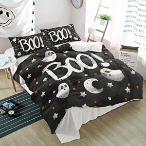 Halloween Twin Duvet Covers Ghost Boo Texts with Stars Moon Wave Point 3-Piece Bedding Sets Luxury Soft Microfiber Bed Comforter Protector with Pillow Cases for Women Men Girl Boy Black