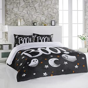 Halloween Twin Duvet Covers Ghost Boo Texts with Stars Moon Wave Point 3-Piece Bedding Sets Luxury Soft Microfiber Bed Comforter Protector with Pillow Cases for Women Men Girl Boy Black