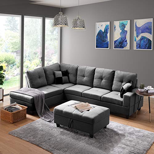 OPTOUGH L-Shape Fabric Sectional Couch for Living Room,Left Consort Sofa with Moveable Storage Ottoman and Two Pillows, Gray