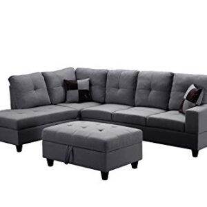 OPTOUGH L-Shape Fabric Sectional Couch for Living Room,Left Consort Sofa with Moveable Storage Ottoman and Two Pillows, Gray