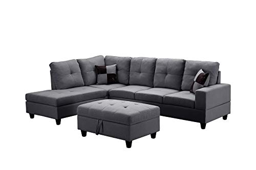 OPTOUGH L-Shape Fabric Sectional Couch for Living Room,Left Consort Sofa with Moveable Storage Ottoman and Two Pillows, Gray