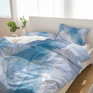 Abstract Marble Twin Duvet Covers Fantasy Blue Gradient 3-Piece Bedding Sets Luxury Soft Microfiber Bed Comforter Protector with Pillow Cases for Women Men Girl Boy Gold Line Wave Point