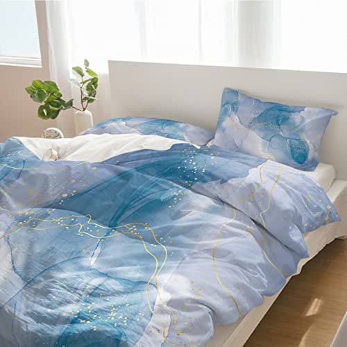 Abstract Marble Twin Duvet Covers Fantasy Blue Gradient 3-Piece Bedding Sets Luxury Soft Microfiber Bed Comforter Protector with Pillow Cases for Women Men Girl Boy Gold Line Wave Point