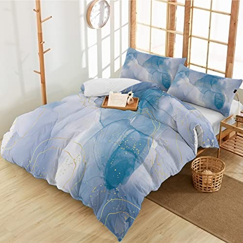 Abstract Marble Twin Duvet Covers Fantasy Blue Gradient 3-Piece Bedding Sets Luxury Soft Microfiber Bed Comforter Protector with Pillow Cases for Women Men Girl Boy Gold Line Wave Point