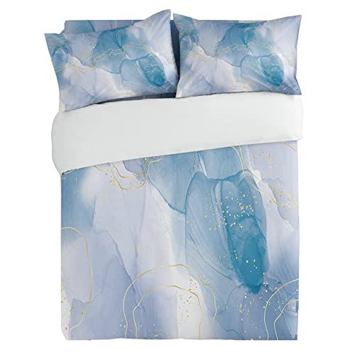 Abstract Marble Twin Duvet Covers Fantasy Blue Gradient 3-Piece Bedding Sets Luxury Soft Microfiber Bed Comforter Protector with Pillow Cases for Women Men Girl Boy Gold Line Wave Point