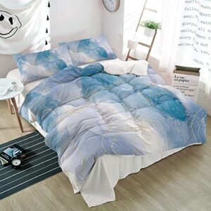 Abstract Marble Twin Duvet Covers Fantasy Blue Gradient 3-Piece Bedding Sets Luxury Soft Microfiber Bed Comforter Protector with Pillow Cases for Women Men Girl Boy Gold Line Wave Point