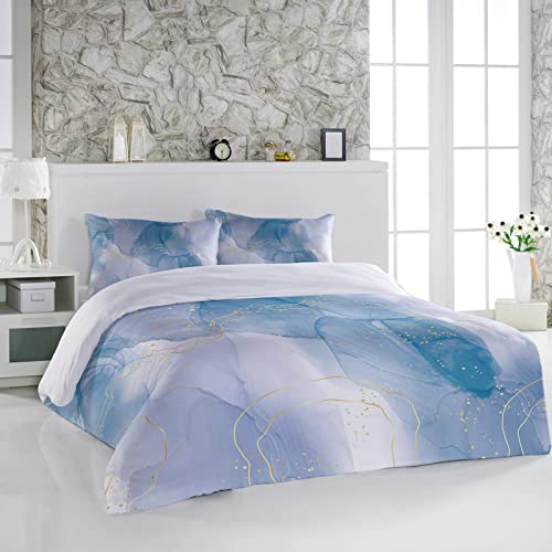 Abstract Marble Twin Duvet Covers Fantasy Blue Gradient 3-Piece Bedding Sets Luxury Soft Microfiber Bed Comforter Protector with Pillow Cases for Women Men Girl Boy Gold Line Wave Point