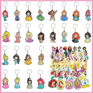 princess party favors keychains bulk cartoon princess party supplies stickers gift set include 24pcs keychains and 50 pcs stickers, unique pattern for carnival prizes girls birthday party