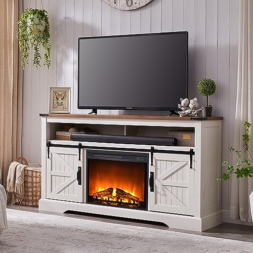 OKD Fireplace TV Stand for 65+ Inch TV, 33" Tall Highboy Farmhouse Entertainment Center w/ 23'' Electric Fireplace, Rustic Media Console w/Sliding Barn Door for Living Room, Antique White