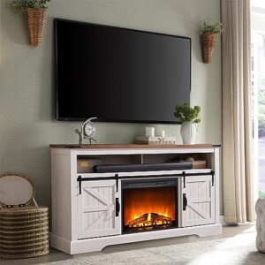 OKD Fireplace TV Stand for 65+ Inch TV, 33" Tall Highboy Farmhouse Entertainment Center w/ 23'' Electric Fireplace, Rustic Media Console w/Sliding Barn Door for Living Room, Antique White