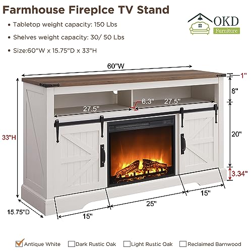 OKD Fireplace TV Stand for 65+ Inch TV, 33" Tall Highboy Farmhouse Entertainment Center w/ 23'' Electric Fireplace, Rustic Media Console w/Sliding Barn Door for Living Room, Antique White