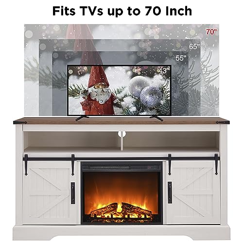 OKD Fireplace TV Stand for 65+ Inch TV, 33" Tall Highboy Farmhouse Entertainment Center w/ 23'' Electric Fireplace, Rustic Media Console w/Sliding Barn Door for Living Room, Antique White