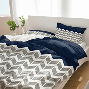 Nautical Navy Blue Twin Duvet Covers Zig Zag Stripe 3-Piece Bedding Sets Luxury Soft Microfiber Bed Comforter Protector with Pillow Cases for Women Men Girl Boy Grey White Chevron