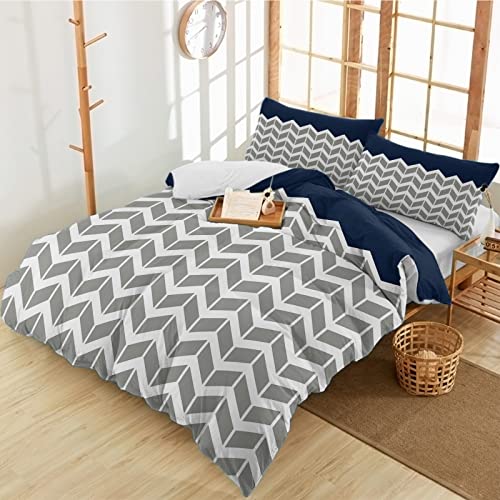 Nautical Navy Blue Twin Duvet Covers Zig Zag Stripe 3-Piece Bedding Sets Luxury Soft Microfiber Bed Comforter Protector with Pillow Cases for Women Men Girl Boy Grey White Chevron