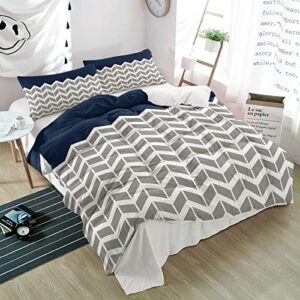 Nautical Navy Blue Twin Duvet Covers Zig Zag Stripe 3-Piece Bedding Sets Luxury Soft Microfiber Bed Comforter Protector with Pillow Cases for Women Men Girl Boy Grey White Chevron