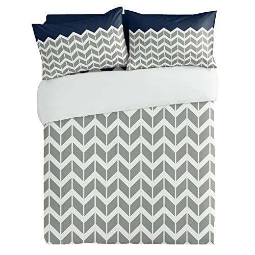 Nautical Navy Blue Twin Duvet Covers Zig Zag Stripe 3-Piece Bedding Sets Luxury Soft Microfiber Bed Comforter Protector with Pillow Cases for Women Men Girl Boy Grey White Chevron