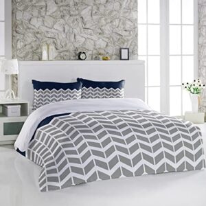 Nautical Navy Blue Twin Duvet Covers Zig Zag Stripe 3-Piece Bedding Sets Luxury Soft Microfiber Bed Comforter Protector with Pillow Cases for Women Men Girl Boy Grey White Chevron