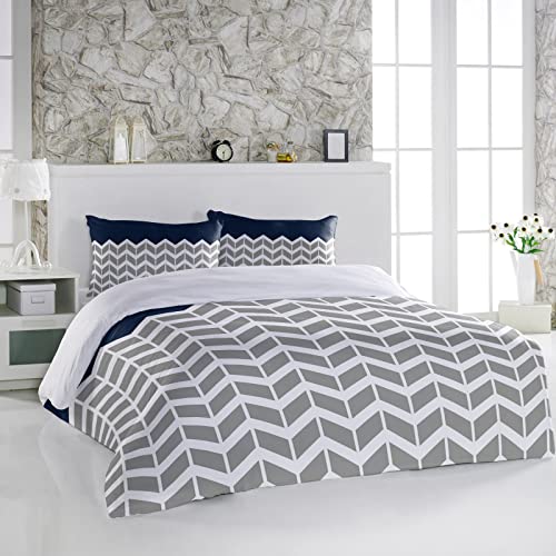 Nautical Navy Blue Twin Duvet Covers Zig Zag Stripe 3-Piece Bedding Sets Luxury Soft Microfiber Bed Comforter Protector with Pillow Cases for Women Men Girl Boy Grey White Chevron