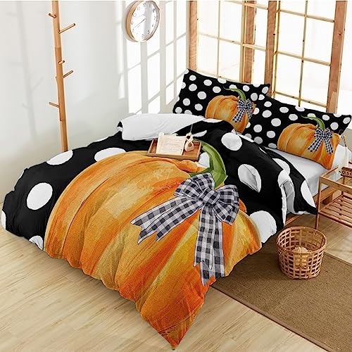 Thanksgiving Autumn Pumpkins Twin Duvet Covers Farm Harvest 3-Piece Bedding Sets Luxury Soft Microfiber Bed Comforter Protector with Pillow Cases for Women Men Girl Boy Wave Point Black