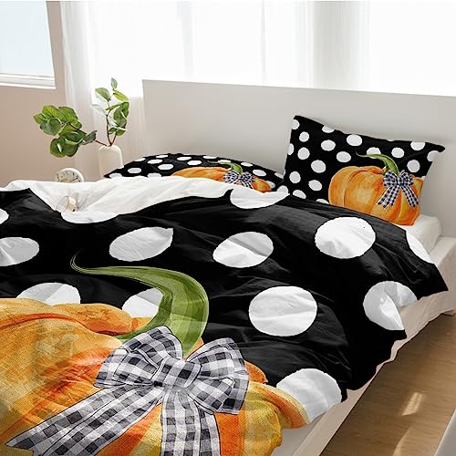 Thanksgiving Autumn Pumpkins Twin Duvet Covers Farm Harvest 3-Piece Bedding Sets Luxury Soft Microfiber Bed Comforter Protector with Pillow Cases for Women Men Girl Boy Wave Point Black