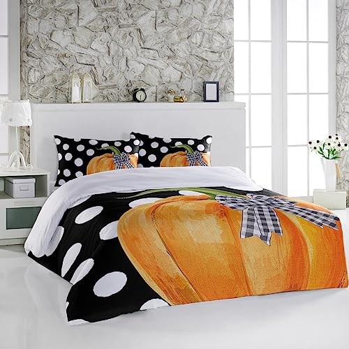 Thanksgiving Autumn Pumpkins Twin Duvet Covers Farm Harvest 3-Piece Bedding Sets Luxury Soft Microfiber Bed Comforter Protector with Pillow Cases for Women Men Girl Boy Wave Point Black