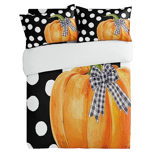 Thanksgiving Autumn Pumpkins Twin Duvet Covers Farm Harvest 3-Piece Bedding Sets Luxury Soft Microfiber Bed Comforter Protector with Pillow Cases for Women Men Girl Boy Wave Point Black