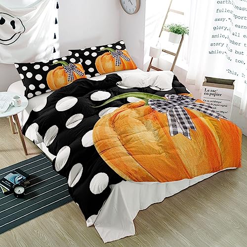 Thanksgiving Autumn Pumpkins Twin Duvet Covers Farm Harvest 3-Piece Bedding Sets Luxury Soft Microfiber Bed Comforter Protector with Pillow Cases for Women Men Girl Boy Wave Point Black