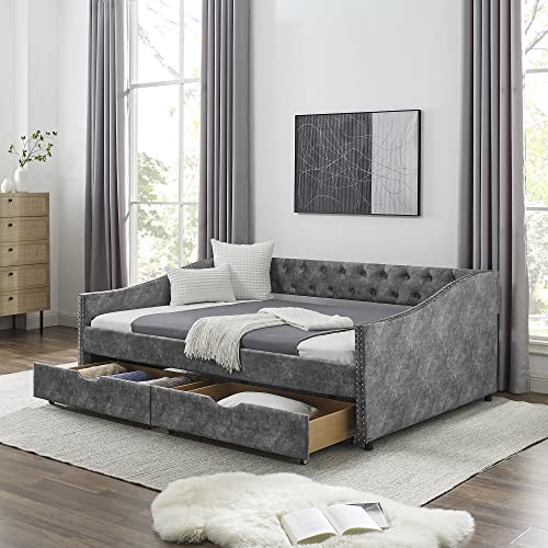 EMKK Full Size Daybed with Drawers Upholstered Tufted Sofa Bed, with Button on Back and Copper Nail on Waved Shape Arms,Storage Platform Bed for Kids Teens and Adults