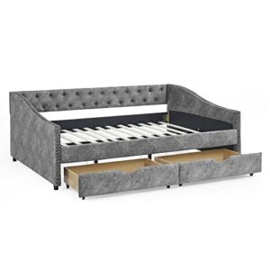 EMKK Full Size Daybed with Drawers Upholstered Tufted Sofa Bed, with Button on Back and Copper Nail on Waved Shape Arms,Storage Platform Bed for Kids Teens and Adults