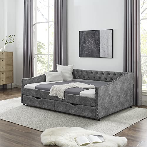 EMKK Full Size Daybed with Drawers Upholstered Tufted Sofa Bed, with Button on Back and Copper Nail on Waved Shape Arms,Storage Platform Bed for Kids Teens and Adults