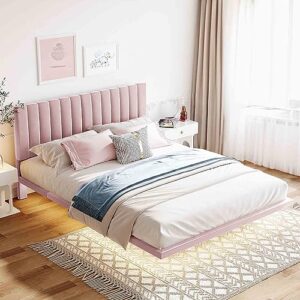 RIDFY Queen Floating Bed Frame with LED Lights/Headboard, Modern Velvet Fabric Platform Bedframe, Mattress Foundation Camas/Wood Slat Support/No Box Spring Needed/Noise Free,Pink