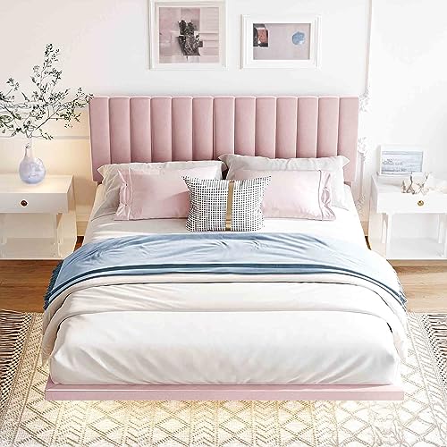 RIDFY Queen Floating Bed Frame with LED Lights/Headboard, Modern Velvet Fabric Platform Bedframe, Mattress Foundation Camas/Wood Slat Support/No Box Spring Needed/Noise Free,Pink