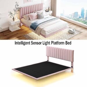 RIDFY Queen Floating Bed Frame with LED Lights/Headboard, Modern Velvet Fabric Platform Bedframe, Mattress Foundation Camas/Wood Slat Support/No Box Spring Needed/Noise Free,Pink