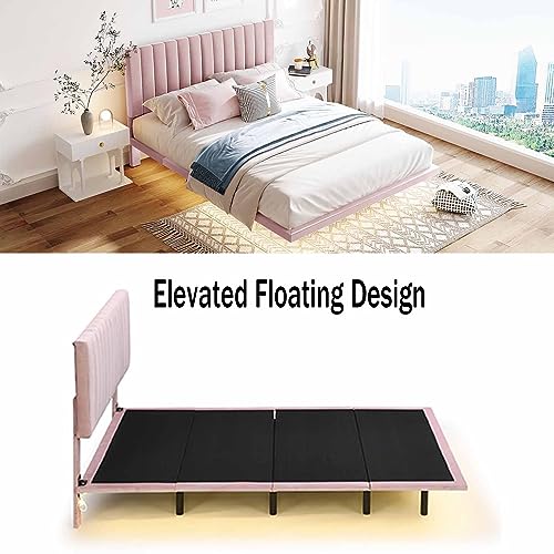 RIDFY Queen Floating Bed Frame with LED Lights/Headboard, Modern Velvet Fabric Platform Bedframe, Mattress Foundation Camas/Wood Slat Support/No Box Spring Needed/Noise Free,Pink