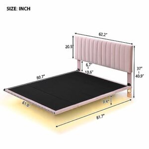 RIDFY Queen Floating Bed Frame with LED Lights/Headboard, Modern Velvet Fabric Platform Bedframe, Mattress Foundation Camas/Wood Slat Support/No Box Spring Needed/Noise Free,Pink