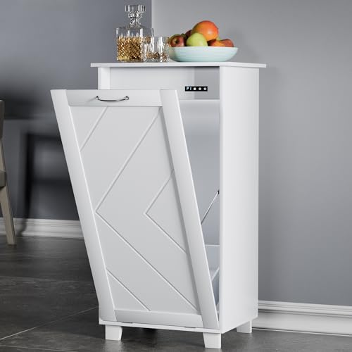 VECELO Tilt Out Kitchen Trash Bin Cabinet, Dog Proof Garbage Can with Wood Holder Free Standing Recycling, White