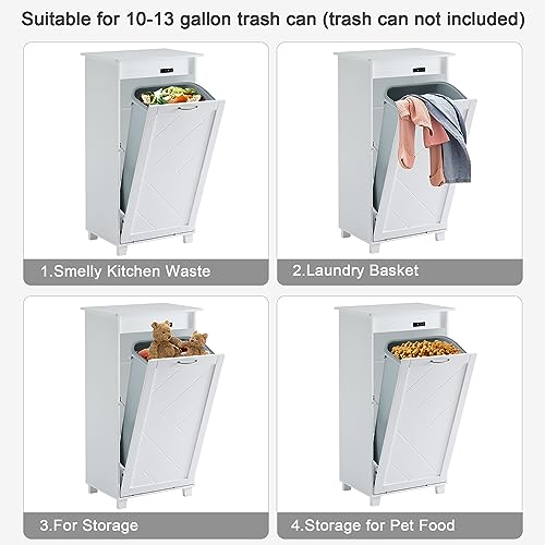 VECELO Tilt Out Kitchen Trash Bin Cabinet, Dog Proof Garbage Can with Wood Holder Free Standing Recycling, White