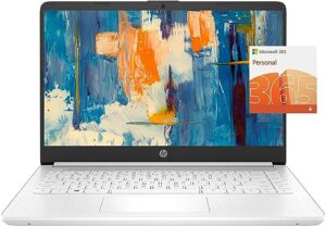 hp stream laptop, 14" hd display, intel celeron n4120 processor, 8gb memory, 320gb storage (64gb emmc + 256gb card), 1-year office 365, webcam, hdmi, wi-fi, usb-c, windows 11 home, white, jvq mp