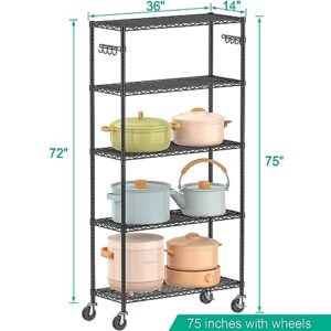 Folews 5-Tier Wire Shelving Unit with Wheels, Heavy Duty Storage Shelves Metal Shelf Storage Rack Organizer Wire Shelf Rack for Kitchen Garage