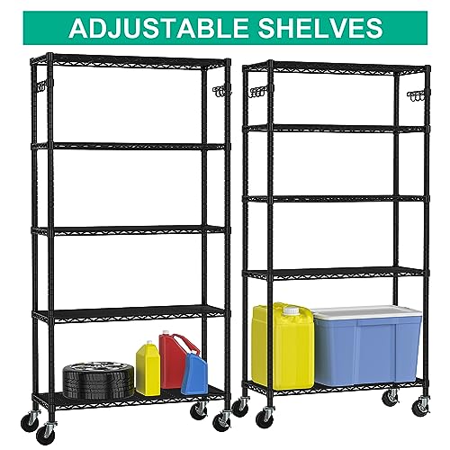 Folews 5-Tier Wire Shelving Unit with Wheels, Heavy Duty Storage Shelves Metal Shelf Storage Rack Organizer Wire Shelf Rack for Kitchen Garage