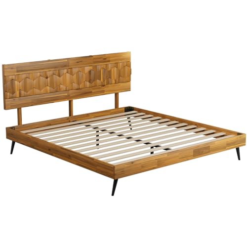 Bme Georgina King Bed Frame and Headboard, Handcrafted Geometric Pattern Solid Wood, No Box Spring Needed, 12 Strong Wood Slats Support, Easy Assembly, Teak Brown + Large Rectangle Wicker Baskets