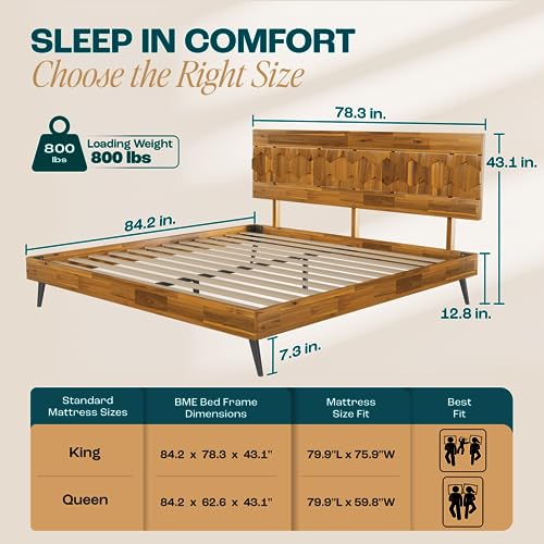 Bme Georgina King Bed Frame and Headboard, Handcrafted Geometric Pattern Solid Wood, No Box Spring Needed, 12 Strong Wood Slats Support, Easy Assembly, Teak Brown + Large Rectangle Wicker Baskets