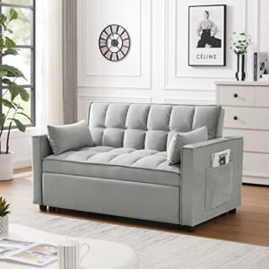 BIADNBZ 3 in 1 Convertible Sleeper Futon Sofa Bed with Toss Pillows,55" Modern Velvet Fabric Loveseat Couch with Reclining Backrest and Side Pockets for Living Room Apartment,Pull-Out Design, Gray