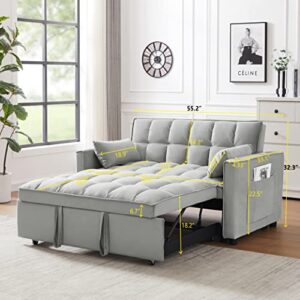 BIADNBZ 3 in 1 Convertible Sleeper Futon Sofa Bed with Toss Pillows,55" Modern Velvet Fabric Loveseat Couch with Reclining Backrest and Side Pockets for Living Room Apartment,Pull-Out Design, Gray