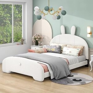 vilrocaz modern full size upholstered platform bed with cartoon ears shaped headboard for kids, teddy flannel upholstered platform bed frame with sturdy slats support, no-noise design