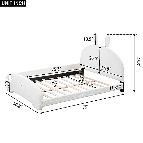 VilroCaz Modern Full Size Upholstered Platform Bed with Cartoon Ears Shaped Headboard for Kids, Teddy Flannel Upholstered Platform Bed Frame with Sturdy Slats Support, No-Noise Design