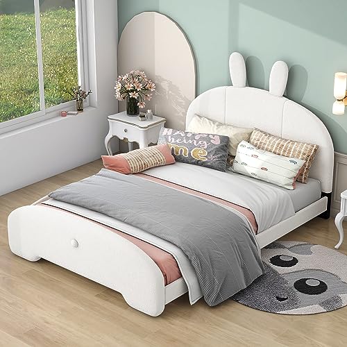 VilroCaz Modern Full Size Upholstered Platform Bed with Cartoon Ears Shaped Headboard for Kids, Teddy Flannel Upholstered Platform Bed Frame with Sturdy Slats Support, No-Noise Design